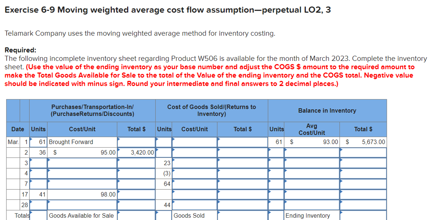 Solved Exercise 6-9 ﻿Moving weighted average cost flow | Chegg.com