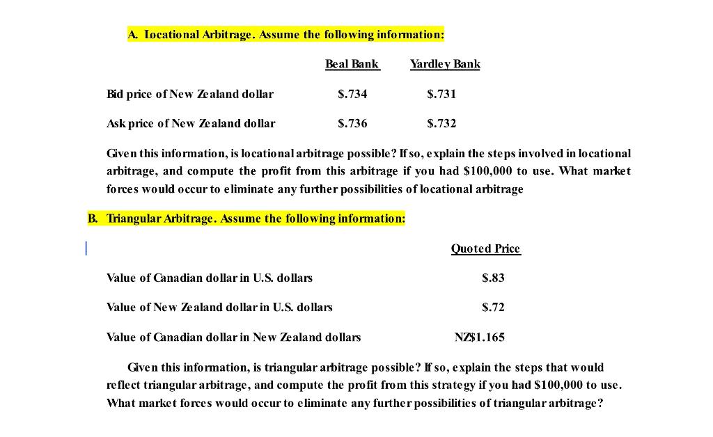 Solved A. Locational Arbitrage. Assume the following | Chegg.com