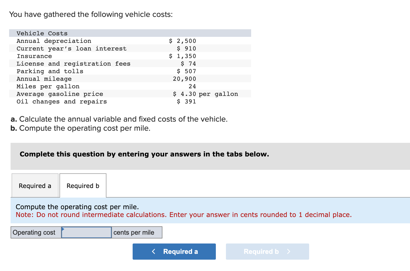 Solved You have gathered the following vehicle costs: a. | Chegg.com