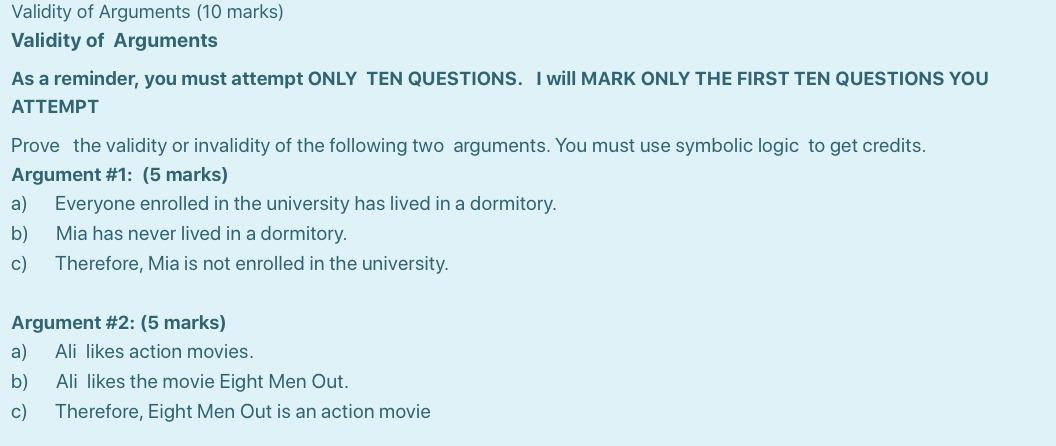 Solved Validity of Arguments (10 marks) Validity of | Chegg.com