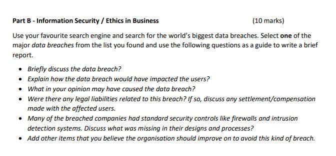 Solved Part B - Information Security / Ethics in Business | Chegg.com