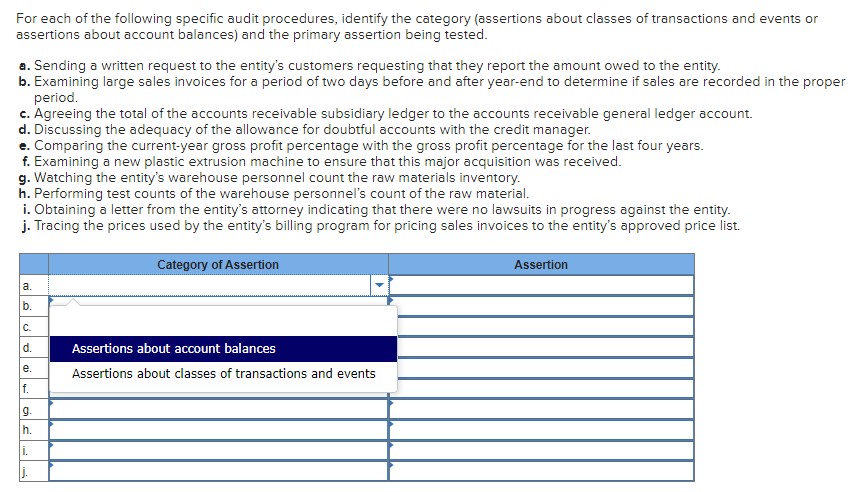 Solved For each of the following specific audit procedures, | Chegg.com