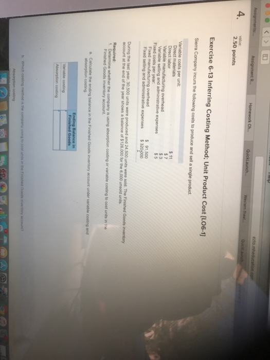 Solved 4 value 2.50 points Exercise 6-13 Inferring Costing | Chegg.com
