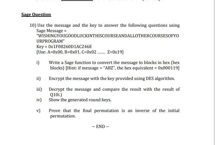 Sage Question 10) Use the message and the key to | Chegg.com