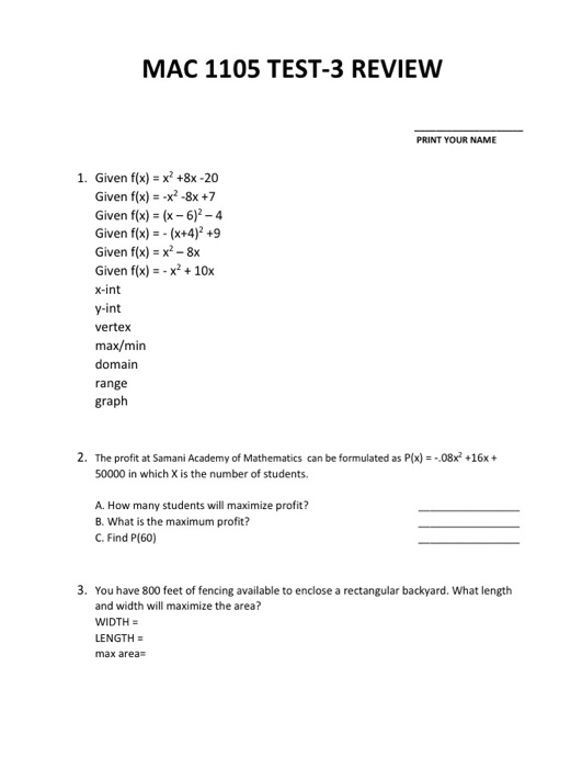 Solved MAC 1105 TEST-3 REVIEW PRINT YOUR NAME 1. Given f(x) | Chegg.com