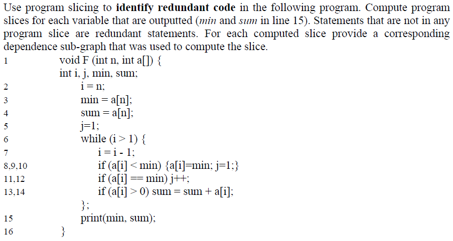 Solved Use program slicing to identify redundant code in the | Chegg.com
