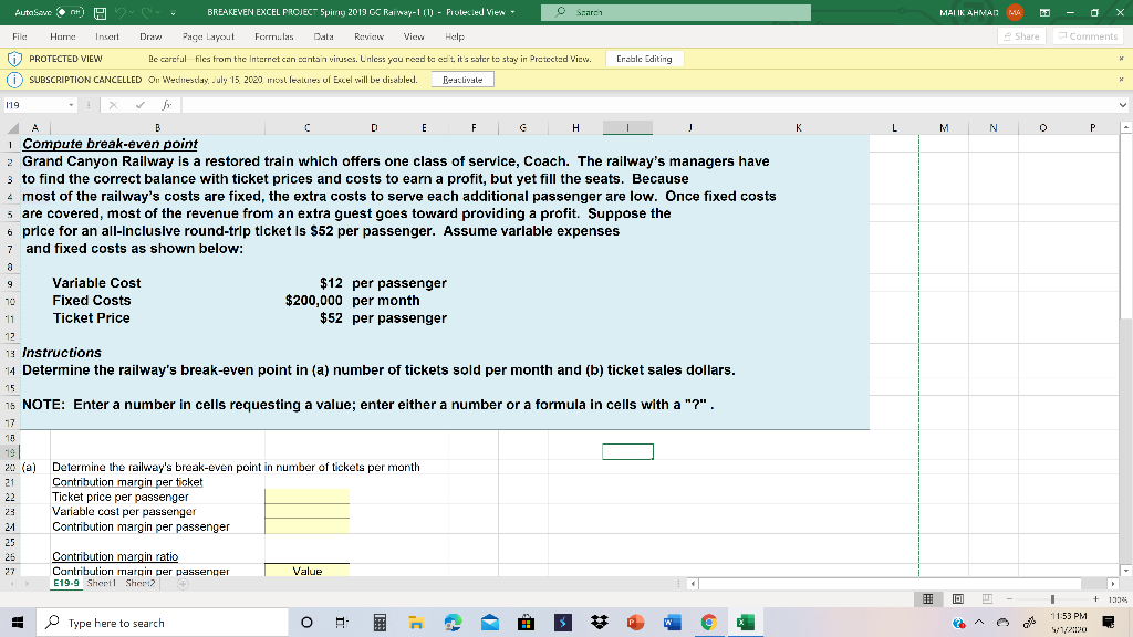 Solved O Scare AutoSave + H 2 File: Home Insert BREAKEVEN | Chegg.com