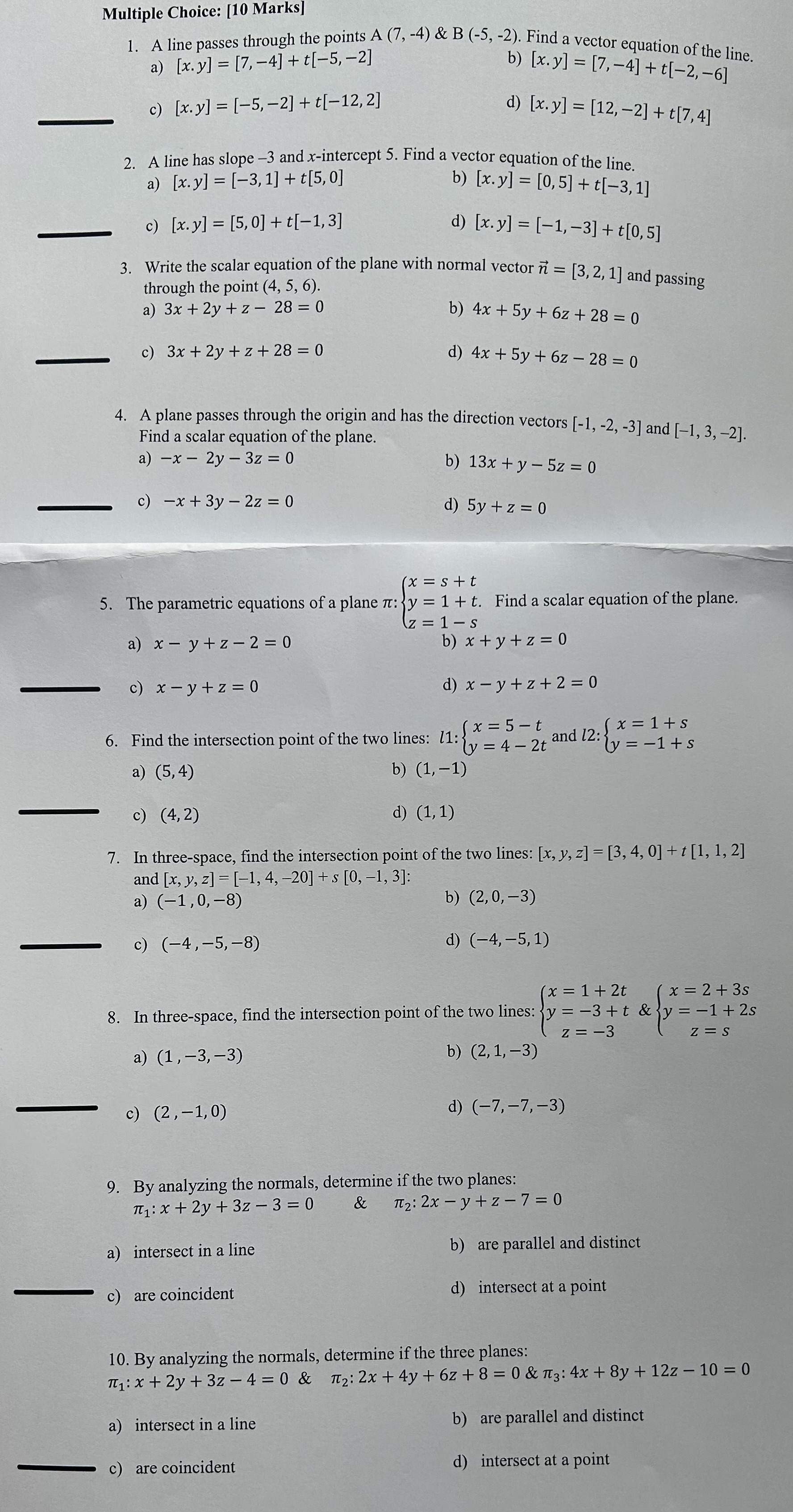 Solved Multiple Choice: [10 ﻿Marks]A line passes through the | Chegg.com