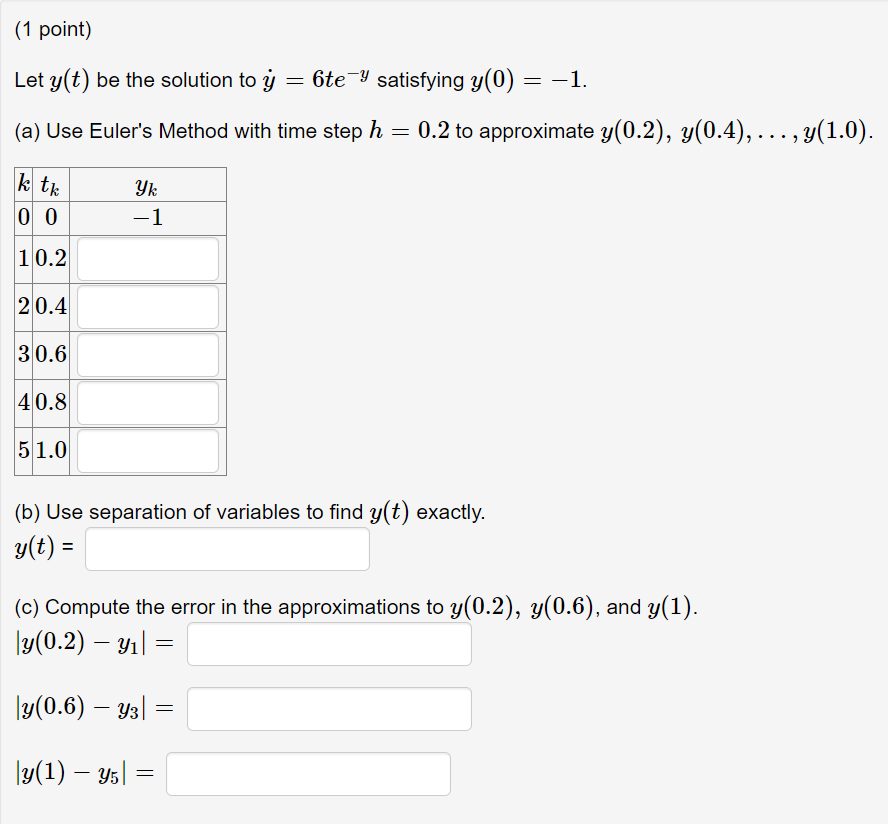 Solved (1 point)Let y(t) be the solution to y˙=6te-y | Chegg.com Solved (1 point)Let y(t) be the solution to y˙=6te-y | Chegg.com