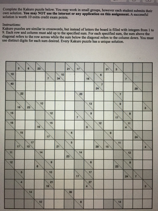 Complete the Kakuro puzzle below. You may work in | Chegg.com