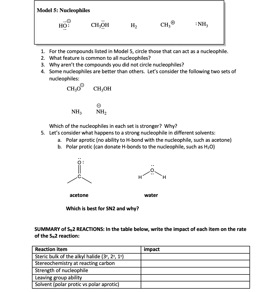 Solved Model 5: Nucleophiles # HO: CH3OH H2 CH3 :NH 1. For | Chegg.com
