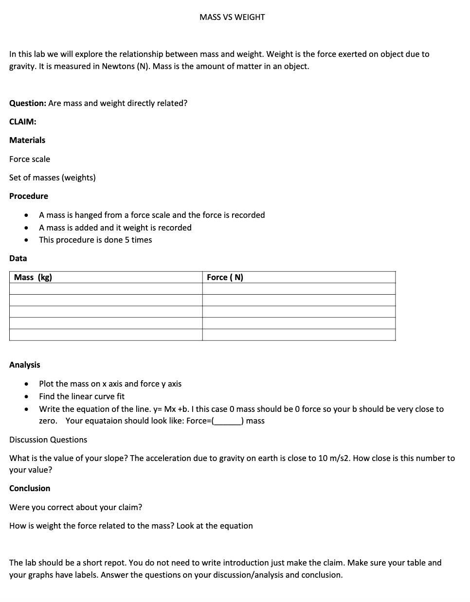 Solved MASS VS WEIGHT In this lab we will explore the | Chegg.com