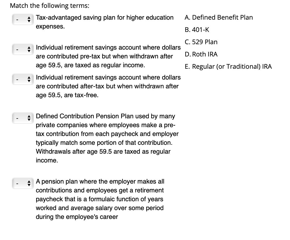 Solved Match the following terms: Tax-advantaged saving plan | Chegg.com