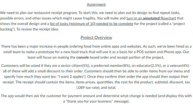 Solved Assignment We need to plan our restaurant receipt | Chegg.com