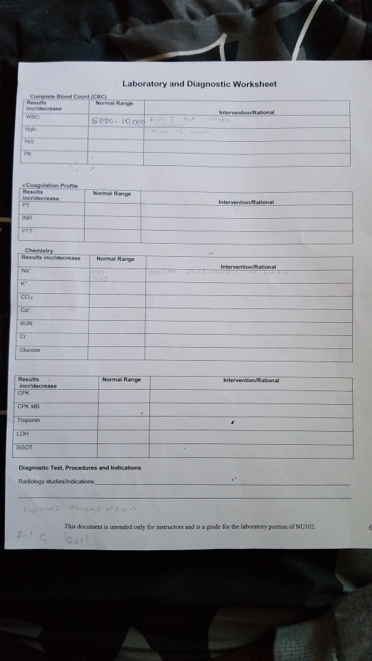 Solved Laboratory and Diagnostic Worksheet Complete Blood | Chegg.com