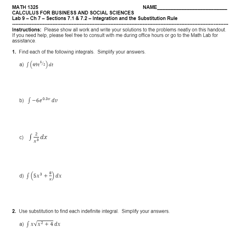 Solved MATH 1325 NAME CALCULUS FOR BUSINESS AND SOCIAL | Chegg.com