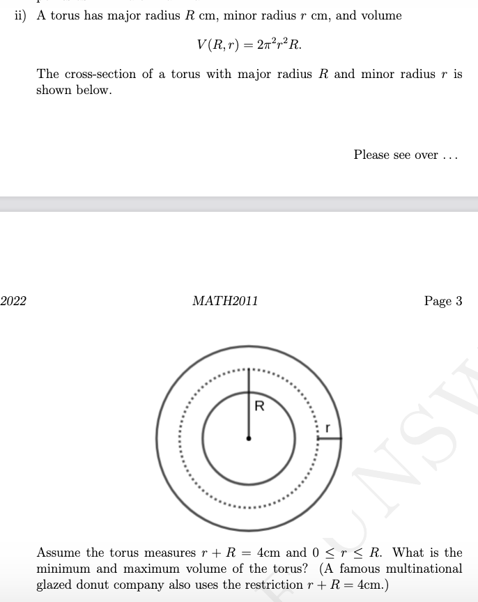Solved ii) A torus has major radius R cm, minor radius r сm, | Chegg.com