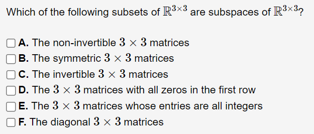 Solved Which of the following subsets of R3×3 ﻿are subspaces | Chegg.com