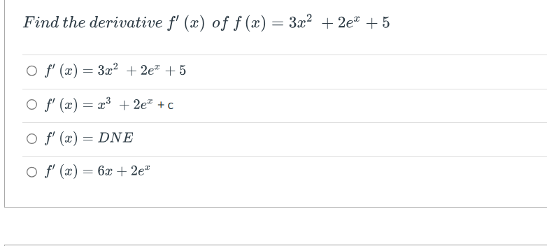 Solved Find the derivative f′(x) of f(x)=3x2+2ex+5 | Chegg.com