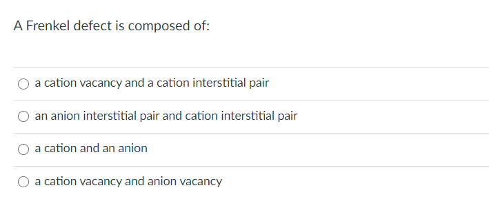 Solved A Frenkel defect is composed of: a cation vacancy and | Chegg.com