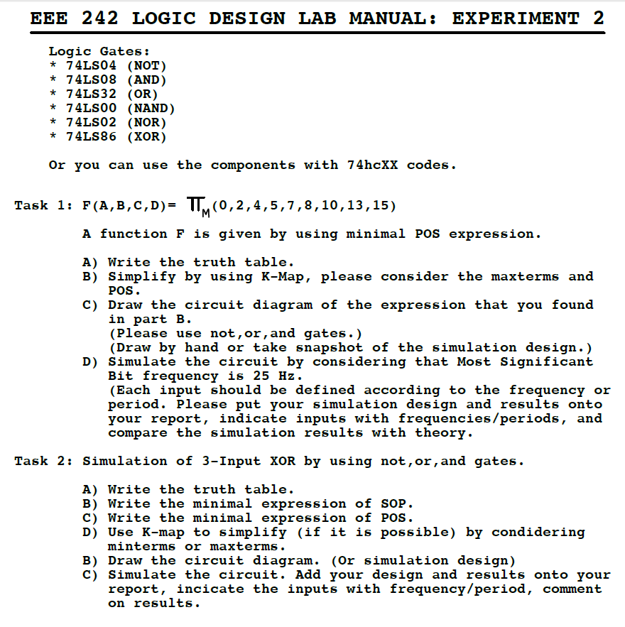 Solved EEE 242 LOGIC DESIGN LAB MANUAL: EXPERIMENT 2 : Logic | Chegg.com