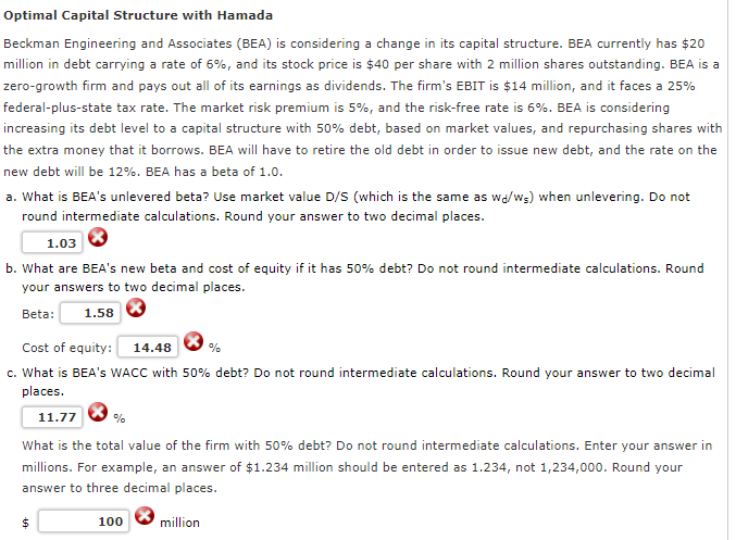 Solved Optimal Capital Structure with Hamada Beckman | Chegg.com