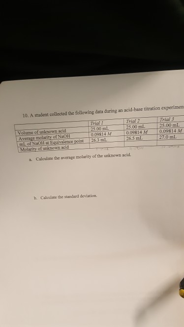 Solved 10. A student collected the following data during an | Chegg.com