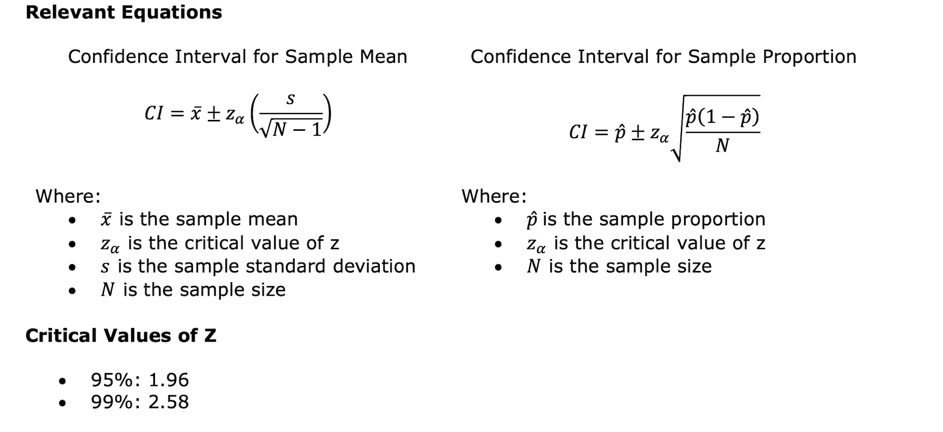 Solved Relevant Equations Confidence Interval for Sample | Chegg.com