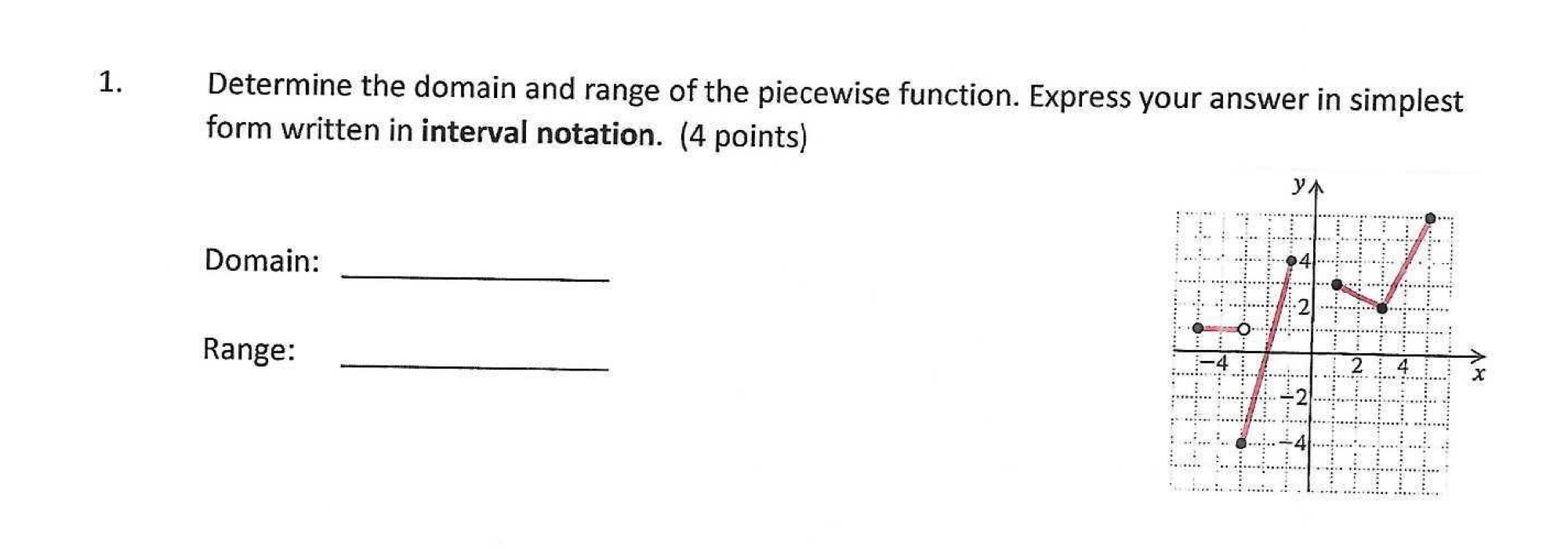 Solved 1. Determine the domain and range of the piecewise | Chegg.com