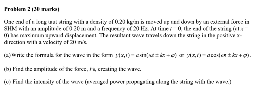 Solved Problem 2 (30 marks) One end of a long taut string | Chegg.com