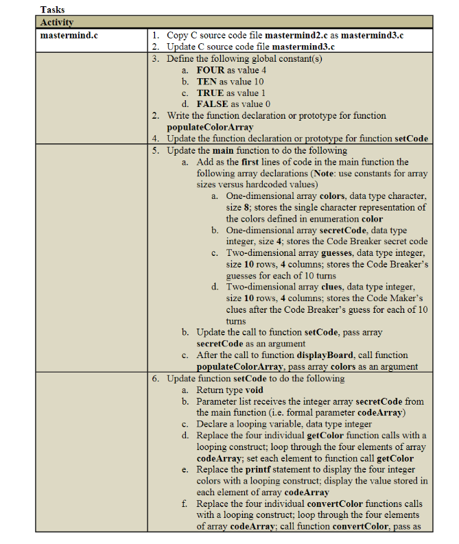 Solved Tasks Activity mastermind.c 1. Copy C source code | Chegg.com