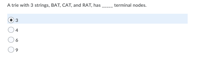 Solved A trie with 3 strings, BAT, CAT, and RAT, has _____ | Chegg.com