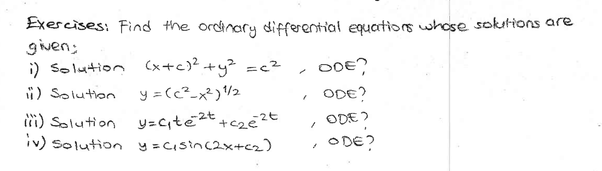 Solved Exercises: Find the ordinary differential equations | Chegg.com
