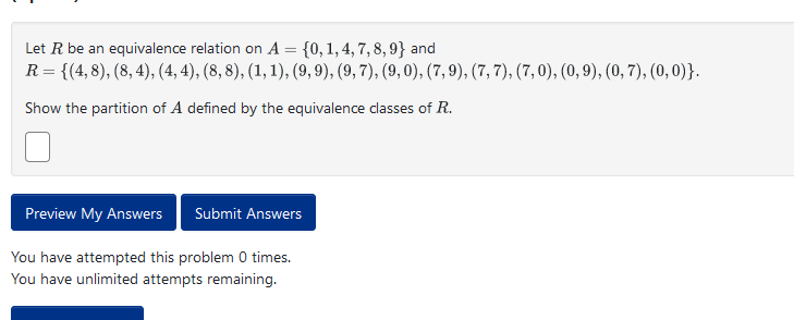 Solved Let R be an equivalence relation on A={0,1,4,7,8,9} | Chegg.com