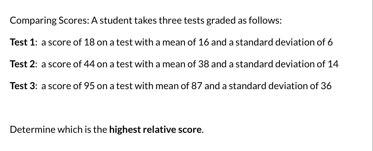Solved Comparing Scores: A student takes three tests graded | Chegg.com
