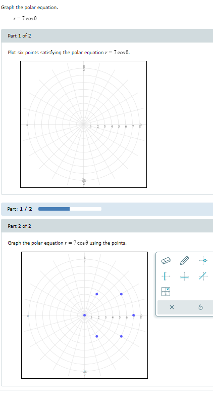 Solved Graph the polar equation. r = 7cos Part 1 of 2 Plot | Chegg.com