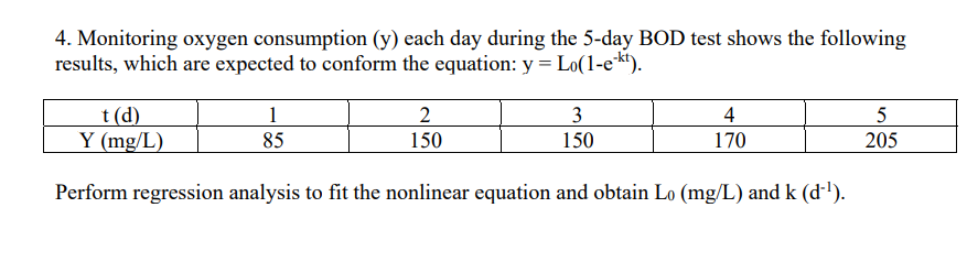 Solved 4. Monitoring oxygen consumption (y) each day during | Chegg.com