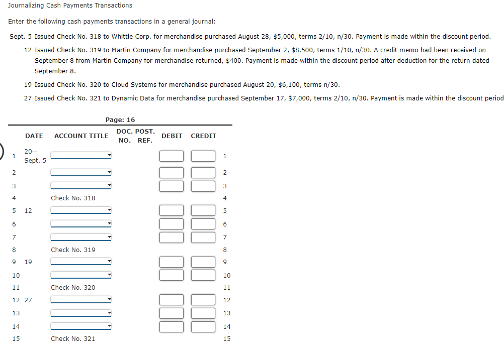 Solved Journalizing Cash Payments Transactions Enter the | Chegg.com