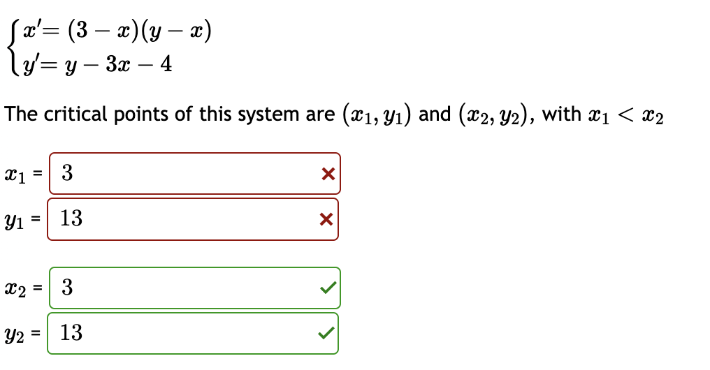 Solved {x′=(3−x)(y−x)y′=y−3x−4 The critical points of this | Chegg.com