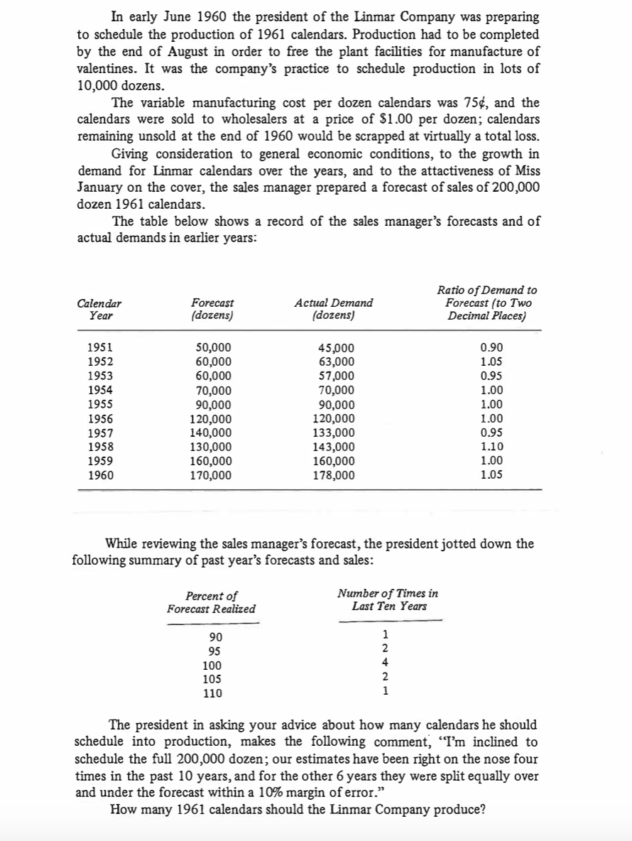 Solved In early June 1960 ﻿the president of the Linmar | Chegg.com