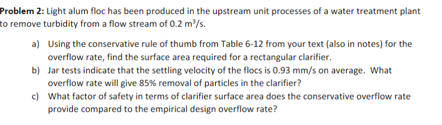 Solved Problem 2: Light alum floc has been produced in the | Chegg.com