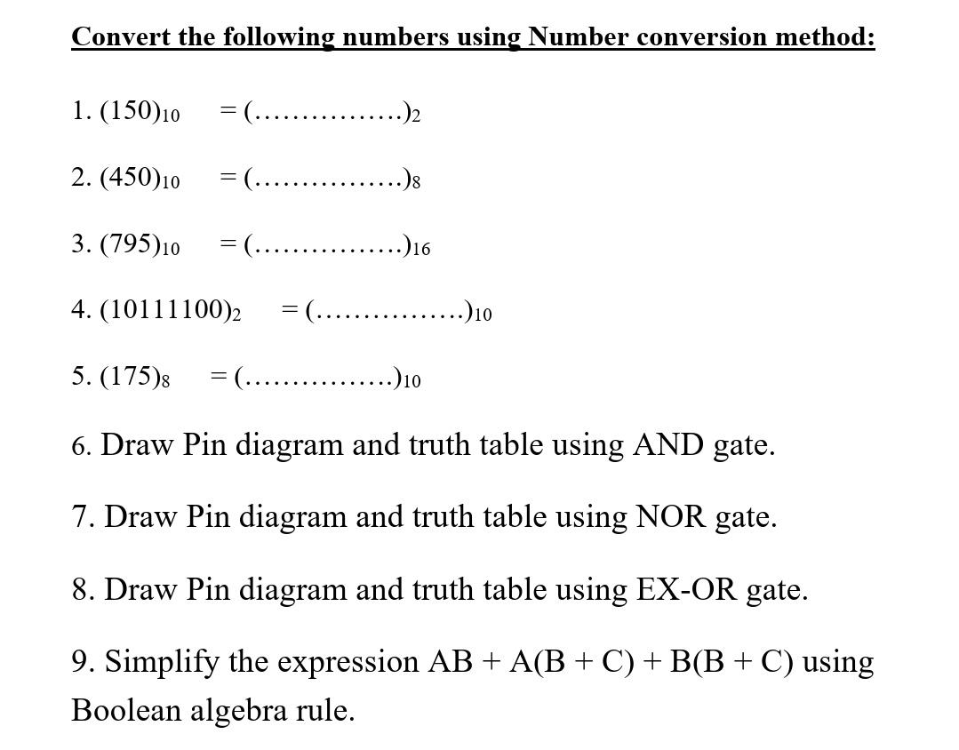 Solved Convert the following numbers using Number conversion | Chegg.com