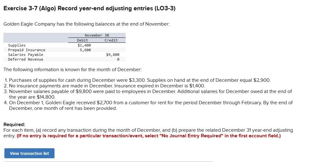 Solved Exercise 3-7 (Algo) Record year-end adjusting entries | Chegg.com