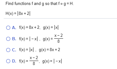 Solved Find functions f and g so that fog=H. H(x) = 18x +21 | Chegg.com