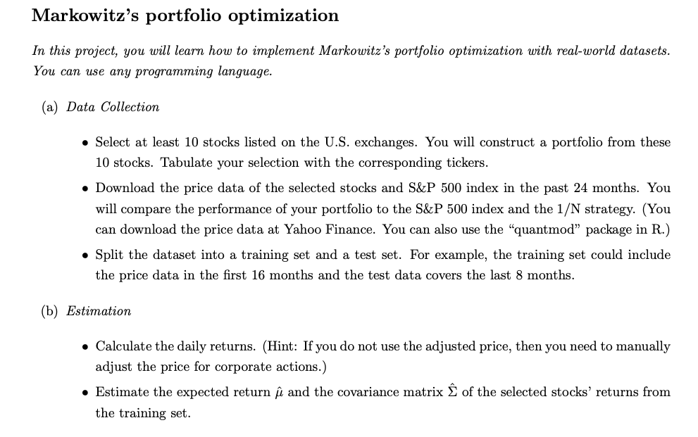Markowitz's portfolio optimization In this project, | Chegg.com