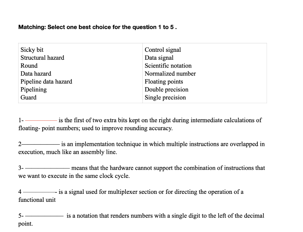 Solved Matching: Select one best choice for the question 1 | Chegg.com