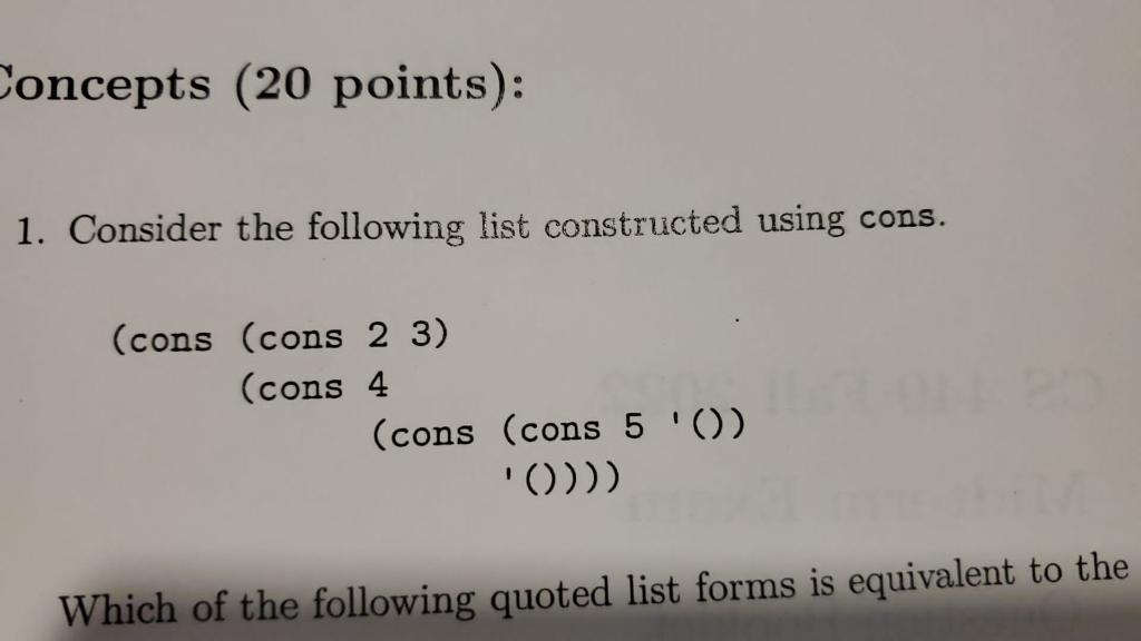 Concepts ( 20 points): 1. Consider the following list | Chegg.com