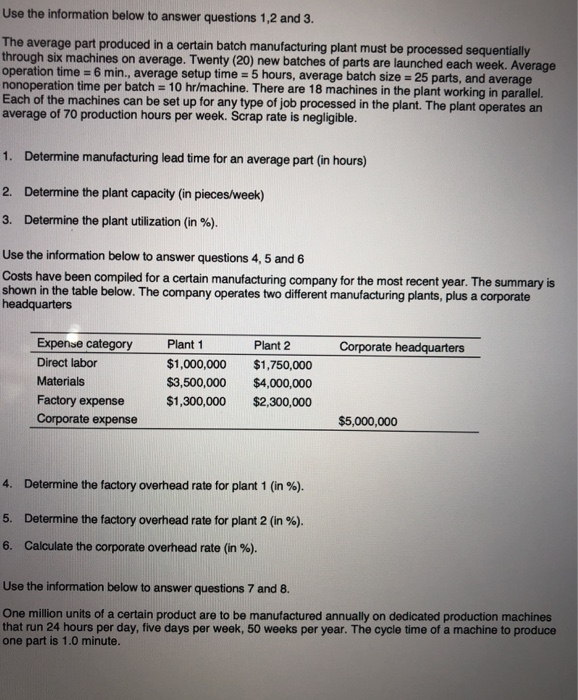 Solved Use the information below to answer questions 1,2 and | Chegg.com