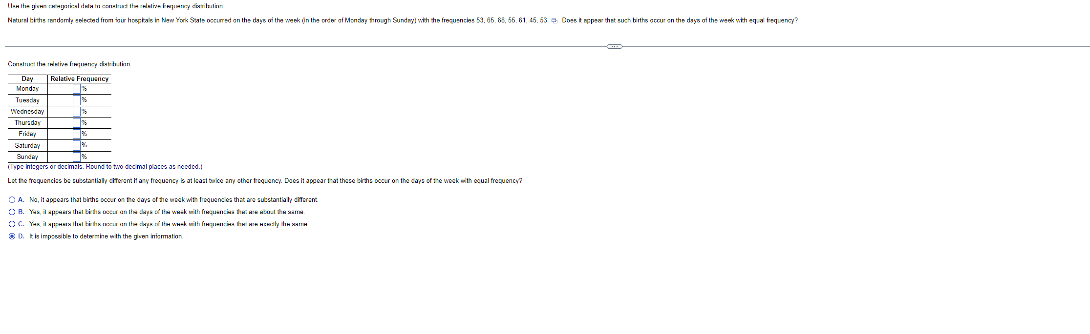 Solved Use the given categorical data to construct the | Chegg.com