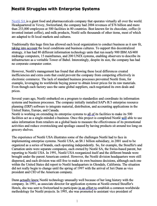 Solved Nestlé Struggles with Enterprise Systems Nestle SA is | Chegg.com